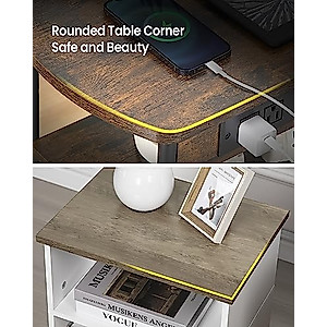 Hzuaneri End Table with Charging Station, 3 Tier Storage Bed Side Table with USB Port & Outlet, Couch Table, Nightstand for Living Room, Bedroom, Narrow Side Table, Rustic Brown and Black ET05201B