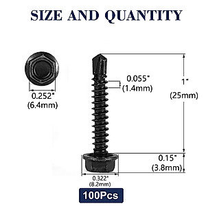 #8 x 1" Sheet Metal Screws 100PCS 410 Stainless Steel Hex Washer Head Tek Screws Fast Self Tapping Screws Black Oxide by SG TZH