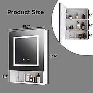 LALAHOO 28" X 20" Medicine Cabinet for Bathroom with Mirror, Built-in Outlet, LED Bathroom Medicine Cabinet with Anti-Fog, Wall Mounted Bathroom Cabinet with 3 Tier Storage Shelves, Dimmable Light
