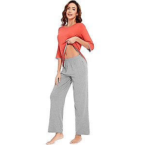 WiWi Womens 3/4 Sleeve Pajamas Set Soft Viscose from Bamboo Top with Pants Sleepwear Plus Size Lightweight Pjs S-4X, Coral+Heather Grey, Large