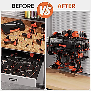 TICONN Heavy Duty Tool Organizer Rack, Garage Wall Mounted Electric Drill Storage Rack with Charger Shelf with 100lbs Weight Limit (Basic Side tool Strips)