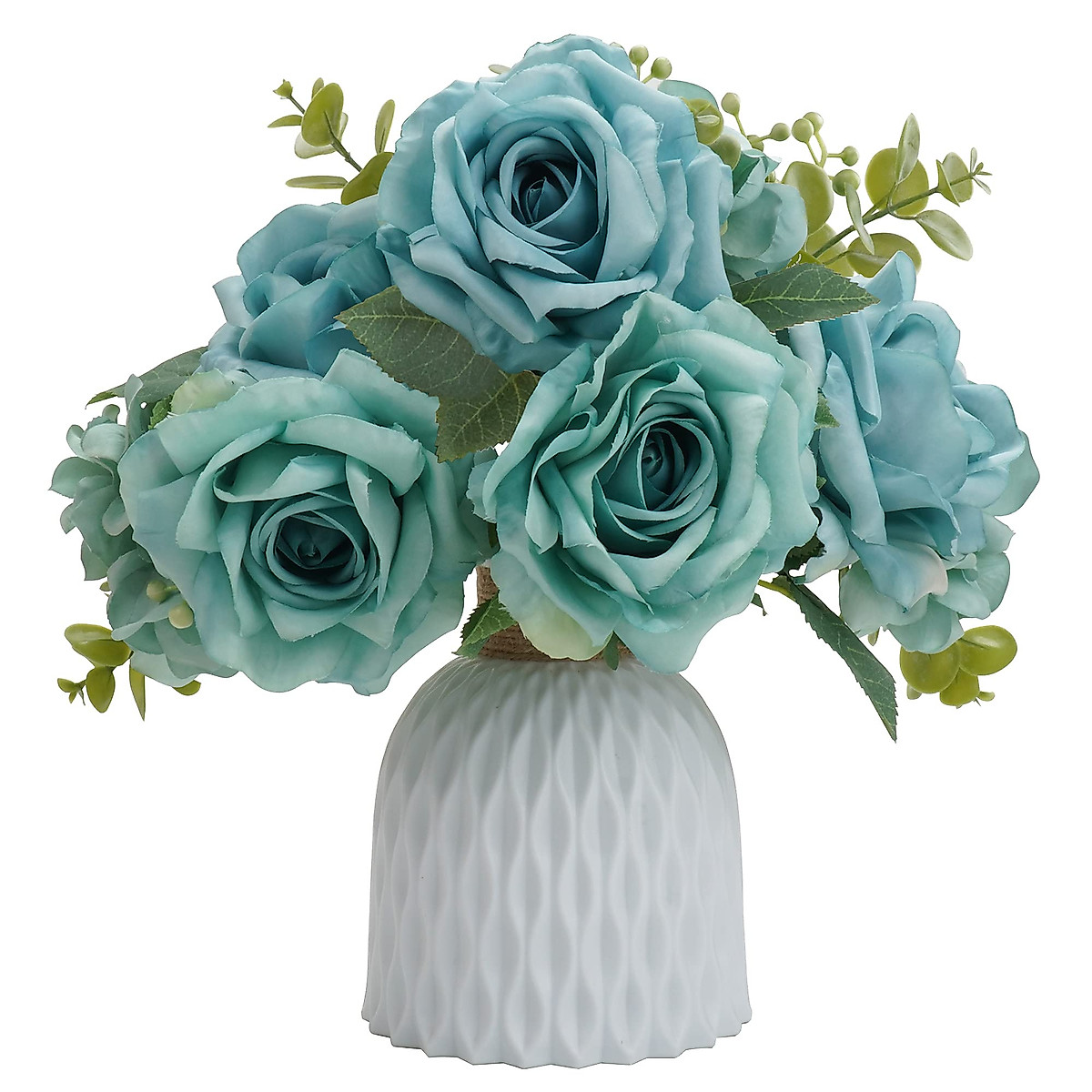 Artificial Flowers Set and vase, Combination Arrangements for Home Garden Party Wedding ，Fake Rose Flowers Bedroom Living Room Kitchen Office Decoration （ Blue Flowers White vase