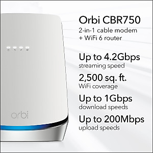 NETGEAR Orbi WiFi 6 Router with DOCSIS 3.1 Built-in Cable Modem (CBR750) – Cable Modem Router | Covers up to 2,500 sq. ft. 40+ Devices | AX4200 (Up to 4.2Gbps)