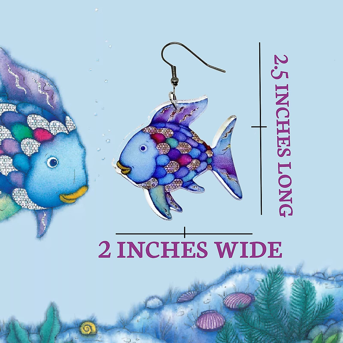 Rainbow Fish Earrings for Teachers, Educators, Librarians and more. Super cute Rainbow Fish Book Earrings for Women. Great Pair of Teacher Earrings for Back to School, Book Fairs, Reading Events and