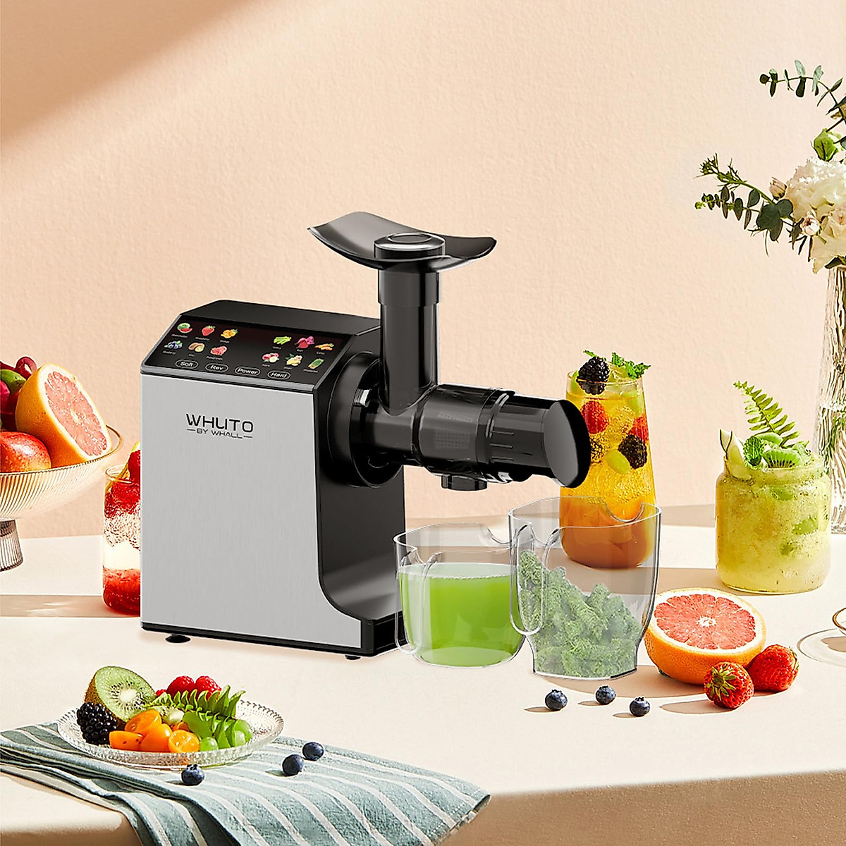 WHUTO Masticating Juicer Machines, Cold Press Juicer, Easy to Clean with Brush, Touch Screen Stainless Juicer Machines for Vegetable & Fruit, Juice Maker with Quiet Motor & 2 Speed Modes, Brown