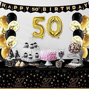 Gatherfun 50th Birthday Party Supplies Disposable Paper Plates Napkins Cups Knives Spoons Forks Tablecloth Banner Number 50 Balloons for Men Woman Black and Gold 50 Birthday Party Decorations Serve 25
