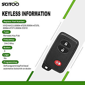 SCITOO 1pc Keyless Entry Remote Key Fob Replacement for Uncut Car Key for Toyota 4Runner 2010-2019 for Scion tC 2011-2016 Prius 2010-2016 Venza 2009-2016 FCC HYQ14ACX 314.3MHz 3 Buttons