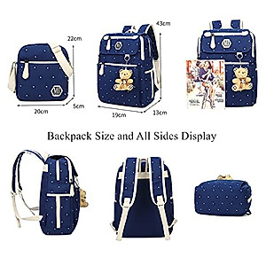 VIDOSCLA 3Pcs Wave Point Canvas School Bag Primary Student Backpack British Wind Elementary BookBag Bag Sets with Plush Doll