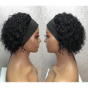 SWEETGIRL Curly Headband Wig Human Hair Wigs for Women Short Curly Bob Headband Wigs Ready to Wear and Go Glueless Wigs Curly Pixie Cut Half Wig 150% Density Natural Black 6 Inch