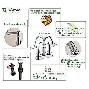 TimeArrow Chrome 4 Inch Two Handle Centerset Bathroom Sink Faucet 3 Holes with Pop up Drain, High Arc Modern Bathroom Vanity Lavatory Faucet with Brass 360° Swivel Spout, TAF067Y-CP
