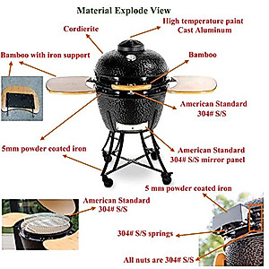 RJMOLU Large BBQ Grill, 24" Smoker Barbecue Grill with 2 Foldable Wooden Side Shelves, Quick Fire Lighter, Ceramic Barbecue for Picnic Garden Terrace Camping Travel