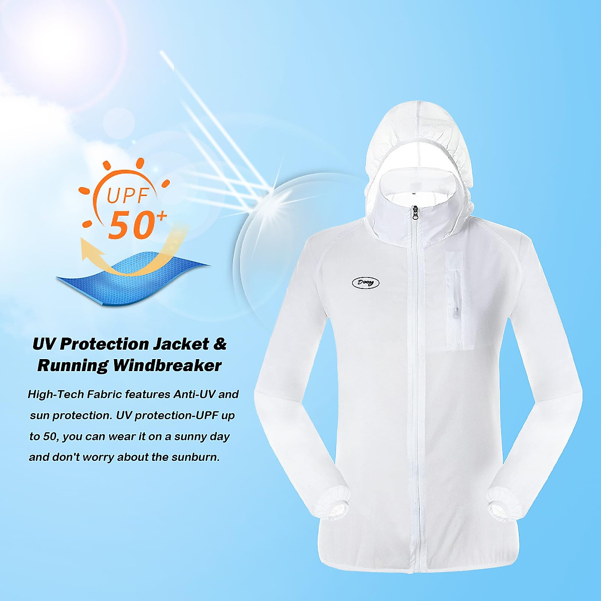 Dooy Sun Protection Jacket Ultra Light Thin Breathable Packable Outdoor Cycling Jacket Hoodie Skin Clothing for Men & Women（White,2XL）