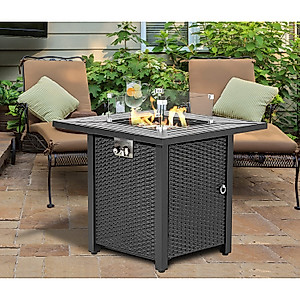 HOMPUS Outdoor Propane Fire Pit Table 28-inch 40,000 BTU Imitation Wicker Square Glass Top Fire Table w Wind Guard,Lava Rocks,Rain Cover Gas Smokeless Fire Pit for Outside Patio,Garden,Deck,Backyard