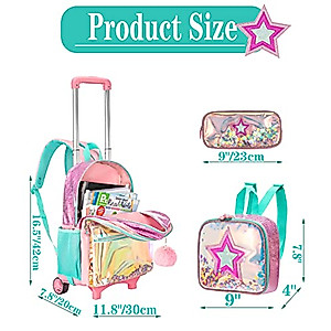 Meetbelify Girls Rolling Backpacks Wheels Roller Backpack Laptop Travel Luggage with Lunch Box for Elementary Girls Students