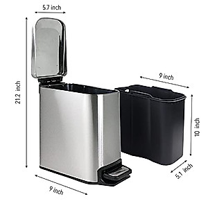 LINAN 6 Litter/1.6 Gallon Small Bathroom Trash Can with Lid Soft Close, Rectangular Garbage can for Office, Living Room, Kitchen and Bathroom, Brushed Stainless Steel