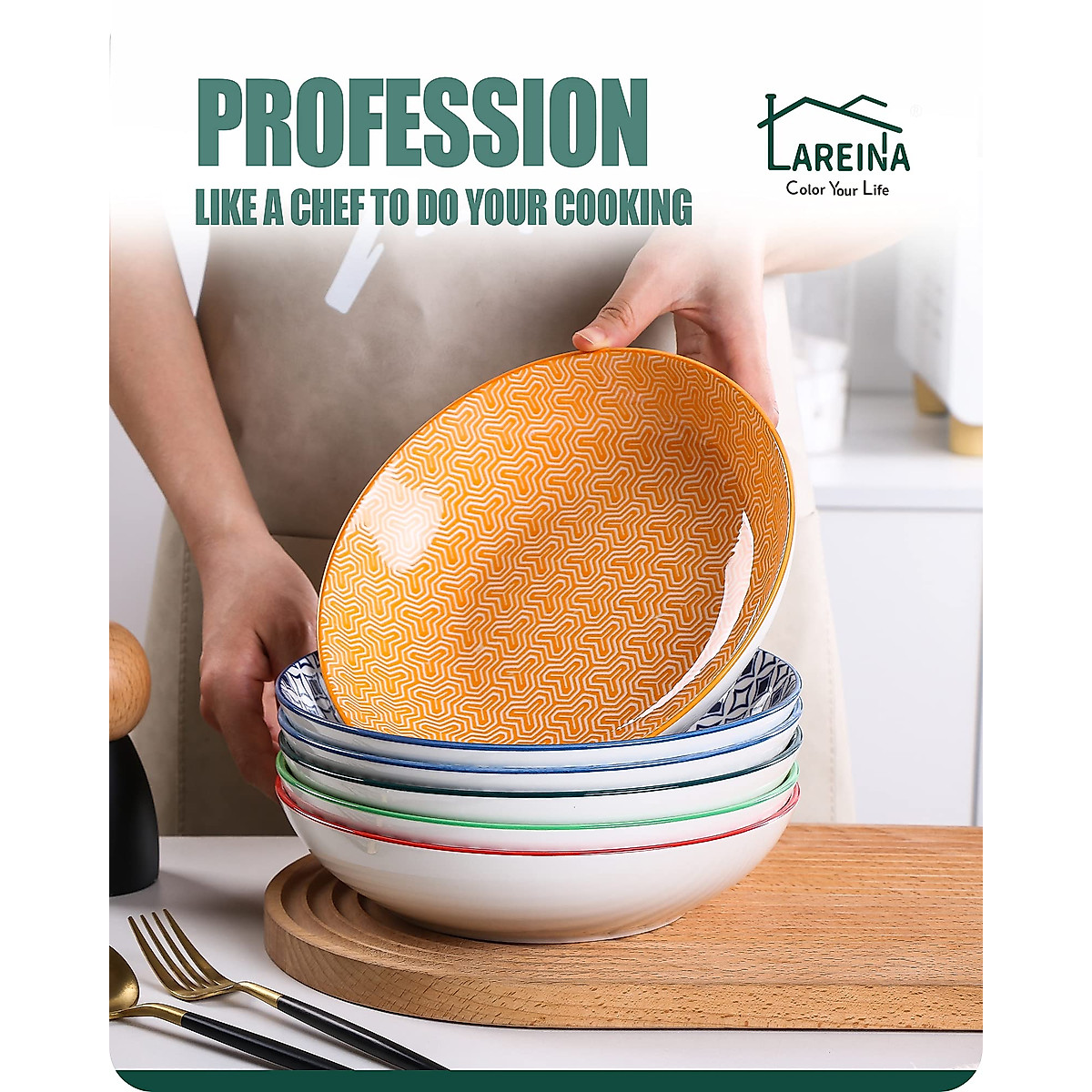 Large Pasta Bowls Set of 6 - Ceramic Salad Serving Bowls, Wide and Shallow 30 Ounce Deep Pasta Plates for Soup, Microwave and Dishwasher Safe