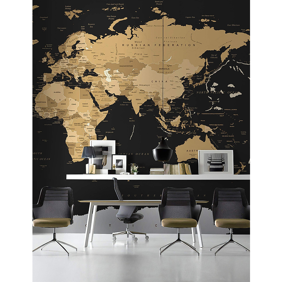 Murwall Map Wallpaper Black Brown World Map Wall Mural Dark Political Maps Wall Print Livingroom Office Decor Entryway Hallway