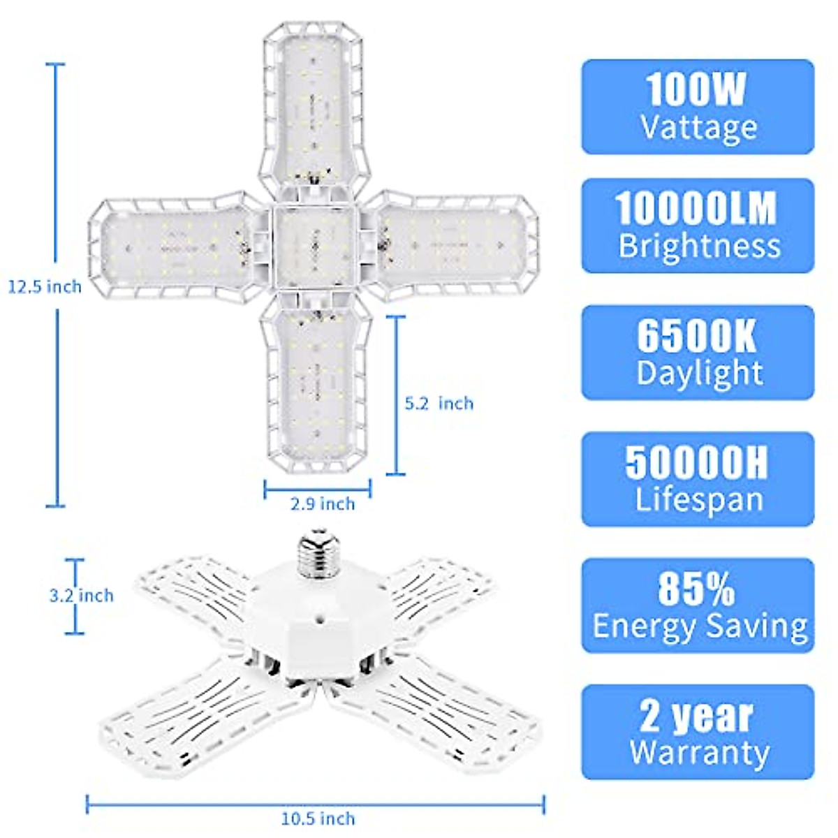 Mutois LED Garage Light, 2-Pack Garage Lights Ceiling LED Shop Light 100W Deformable Garage Lights Bulb E26/E27 6500K LED Garage Lighting, Garage Lights for Garage Workshop Basement Warehouse Barn