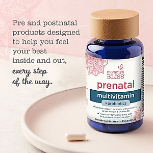 Mommy's Bliss Prenatal Multivitamin Probiotic for Women with Folic Acid: Support Baby Development & Mom Immunity & Digestion with Zinc, Vitamin B6 & B12, Ginger Extract, Choline, Vegan (45 Servings)