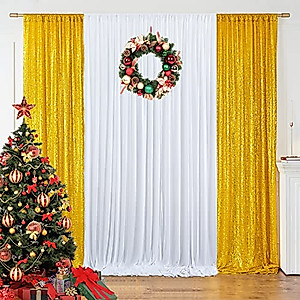 10x10 ft White Backdrop Curtains and 10x4 ft Gold Sequin Backdrop Curtains for Parties, Wrinkle Free Backdrop Drapes for Wedding Birthday Party Photography Background, 4 Panels