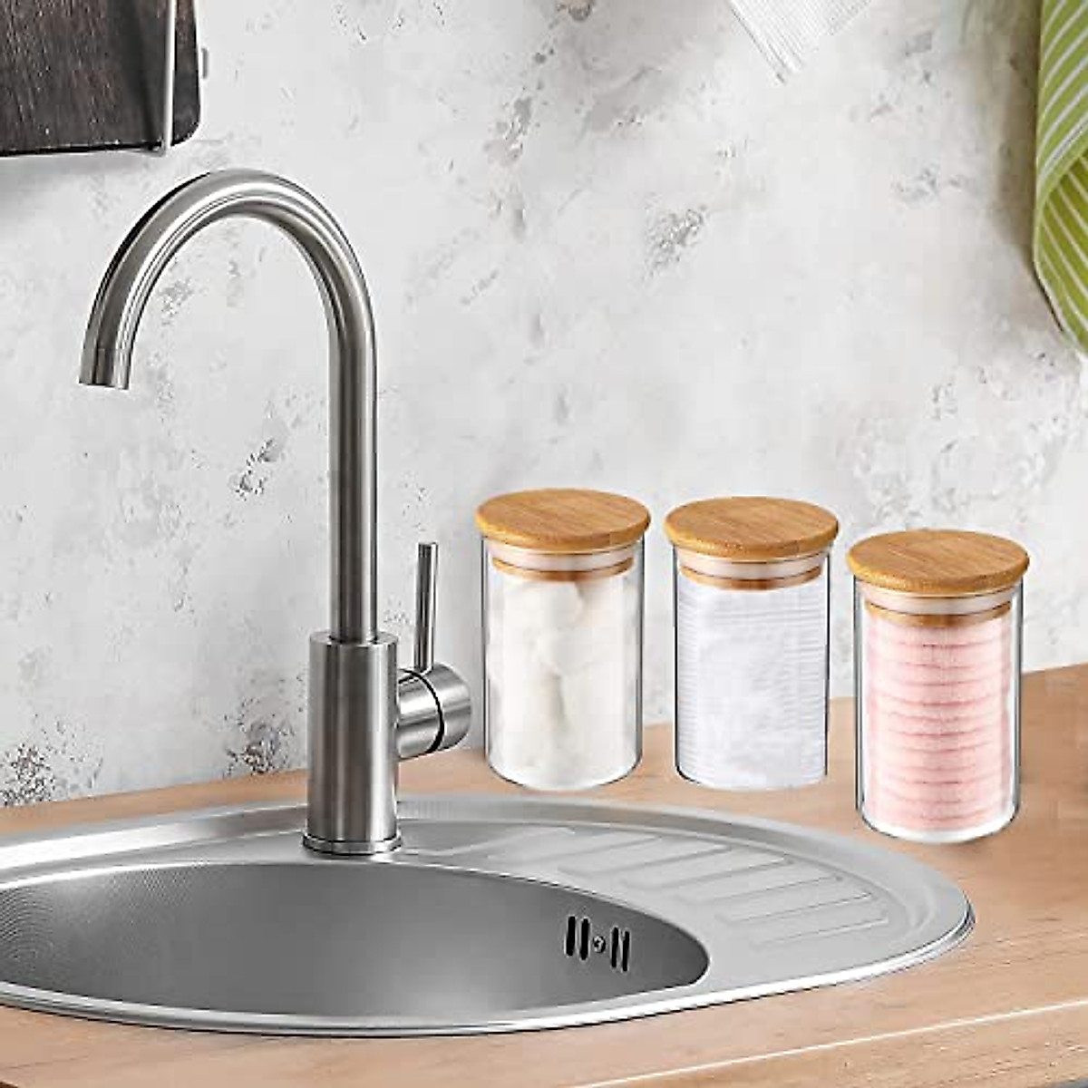 Dourami Qtip Holder for Cotton Ball,3 PCS,Cotton Swab,Apothecary Jars,Glass Bathroom Accessories,Bathroom Organizer Set With Bamboo Lid,Vanity Organizer And Storage,Vanity Makeup Organizer