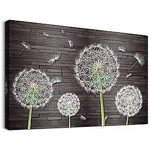 White Dandelion Flower Canvas Wall Art for Bedroom Bathroom Decorations kitchen Wall Decor Framed Canvas prints Artwork Farmhouse Vintage Wood grain background Pictures Home Decoration-16x12 inches