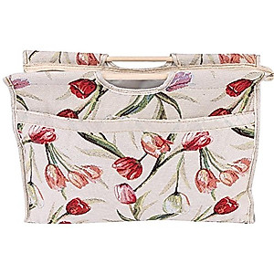 Wood Handles Knitting Bag Travel Yarn Organizer Crochet Bag for Knitting Needles Sewing Tools 16.5x11.8x4.3in(Red Flower)