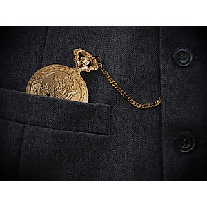 Daniel Steiger American Eagle Luxury Vintage Hunter Pocket Watch with Chain - 18k Gold Plating - Hand-Made Hunter Pocket Watch - Engraved Flying Eagle Design - White Dial with Black Roman Numerals