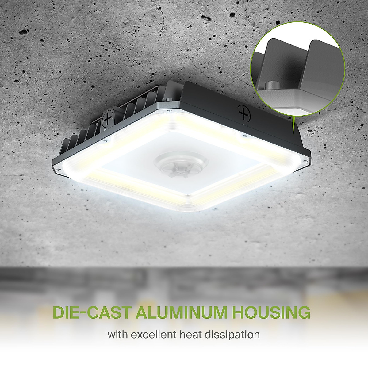 ASD LED Canopy Light 100/70/60W with Q-Base – 3000/4000/5000K 14448Lm 10"x10" 120-277V IP65 Dimmable 0-10V UL & DLC Listed (Optional Motion Sensor-Extra Purchase)