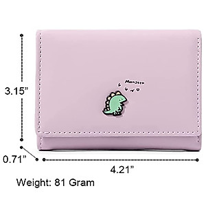 YaJaMa Cute Dinosaur Metal Badge Women Wallet PU Leather Small Slim Trifold Girls Credit Card Case Holder Organizer Purse with ID Window (Purple)