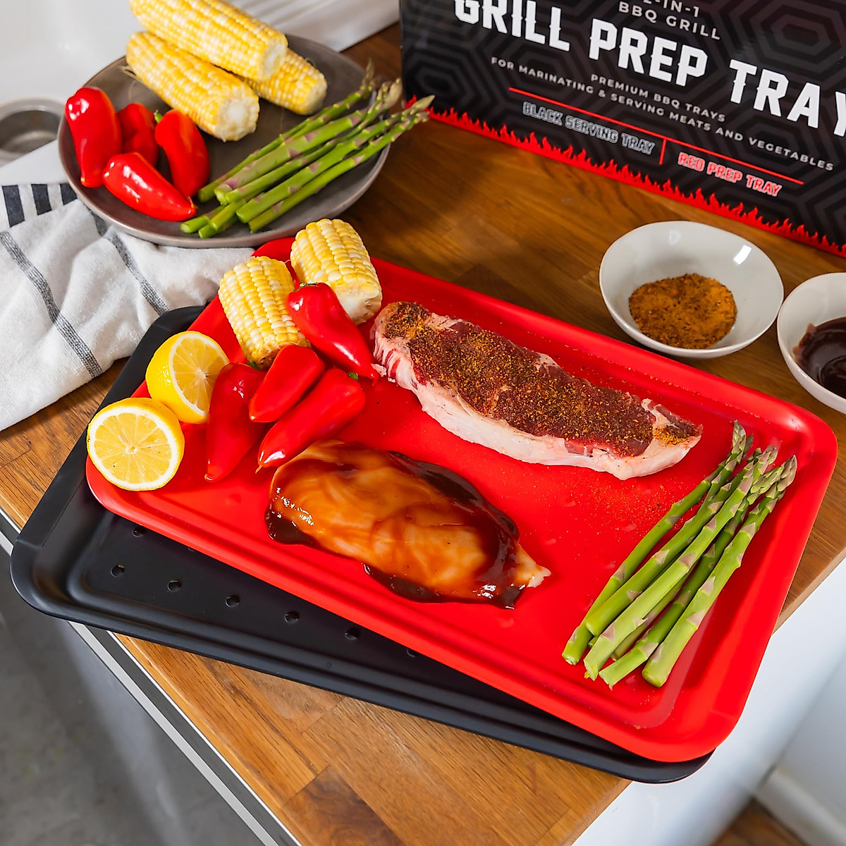 BLAZIN' GRILL Prep and Serve Trays | Set of 2 Stackable, Melamine Trays | Serving Tray & Marinating Tray | Serving Platter for Plating Food & BBQ Prep Tub for Marinating Meats | Grill Accessories |