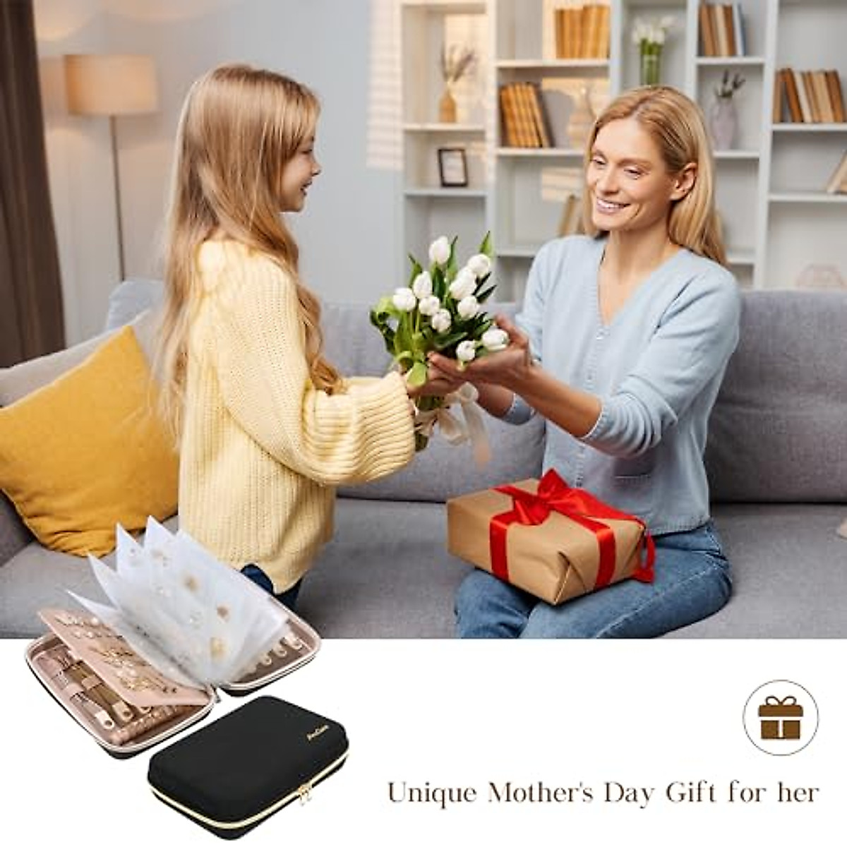 ProCase Large Travel Jewelry Organizer Case, Jewellry Home Storage Book Ring Binder with Clear Pockets for Presentation, Zippered Pouch Bag for Earrings Necklaces Bracelets -Black