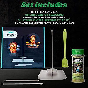 Stainless Steel Vertical Skewer Set - Grill Skewers for Al Pastor, Shawarma, Kebab, Gyro Meat, Rotisserie Chicken - 3 Removable Spikes, Silicone Brush & Danos Original Seasoning - US Company