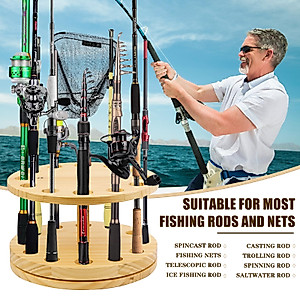 Fishing Rod Holders for Garage, Fishing Rod Organizer, Fishing Pole Stand,Fishing Rod Stand,360 Degree Rotating Vertical Fishing Pole Rack,Wooden Round Floor Stand Fishing Rod Rack Holds up to 12 Rods