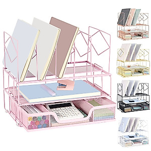 Becomrock Desk Organizers and Accessories, Office Supplies Desktop Organizer, Desk File Organizer with Sliding Drawer, Dual Tray and 5 Upright Section, File Folder Holder for Desk (Black)