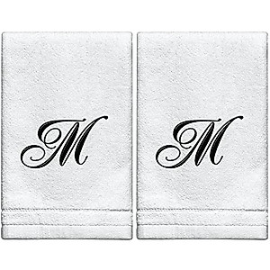 Personalized Initial Fingertip Towels - 2 Pack 11x18 - Black Embroidery On White Towel, Modern Monogrammed Towels, Great Personalized Initial Gift for Women, Teachers, Friends, Bridesmaids Initial M