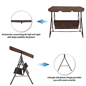 VINGLI Heavy Duty 550 LBS Upgraded 3 Person Outdoor Porch Swing with Stand, Adjustable Canopy Swing with Textilene Fabric & Steel Frame for Yard, Pool, Lawn, Indoors (Brown)