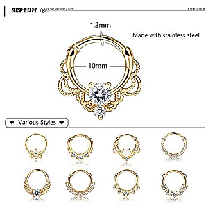 Drperfect 9PCS 16G Septum Rings Opal Daith Earrings Hoop Nose Rings 316L Stainless Steel CZ Cartilage Helix Tragus Earrings Septum Clicker Piercing Jewerly Gold Tone 10MM