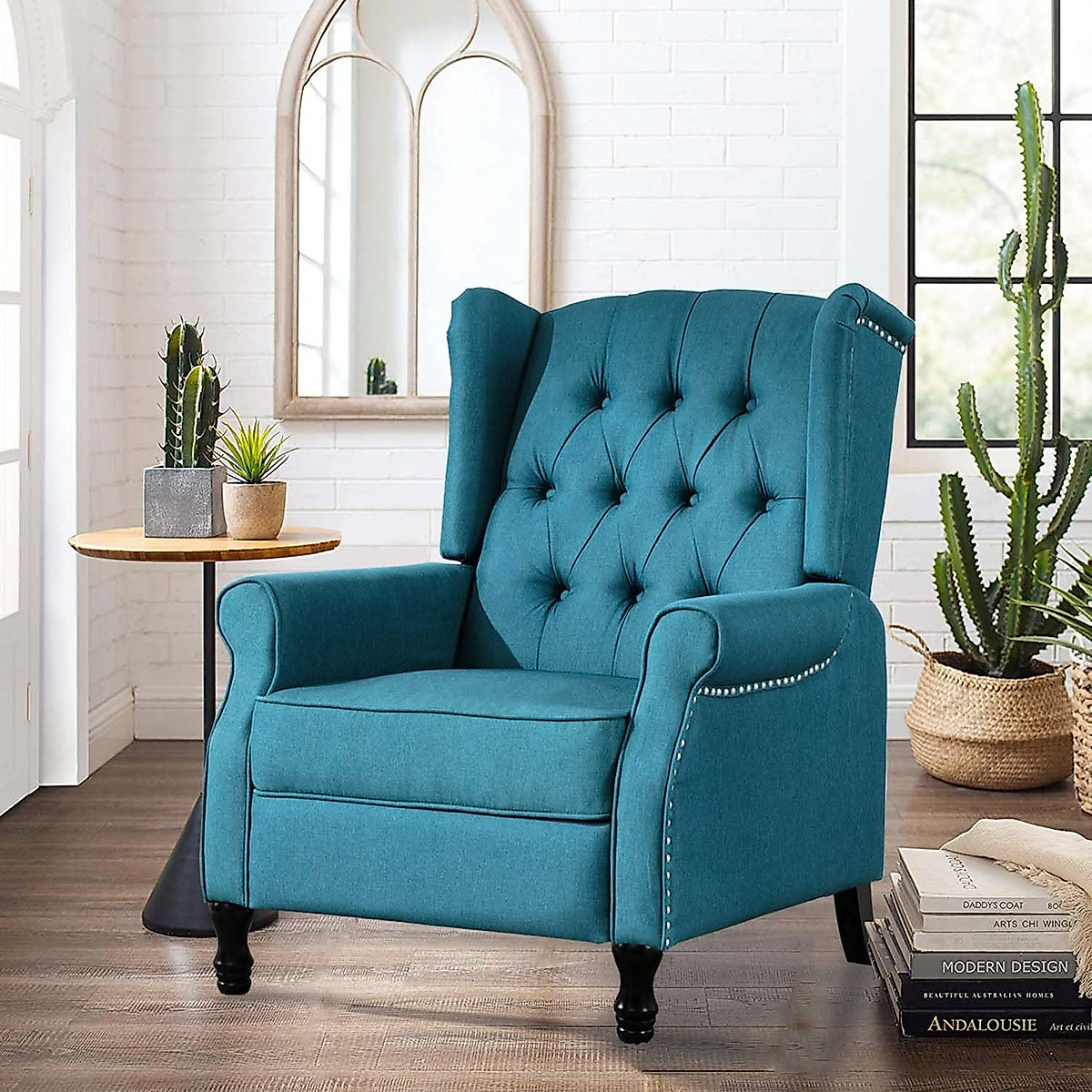Altrobene Pushback Recliner Chair, Modern Accent Arm Chair, Fabric Wingback Chair for Living Room Bedroom, Blue