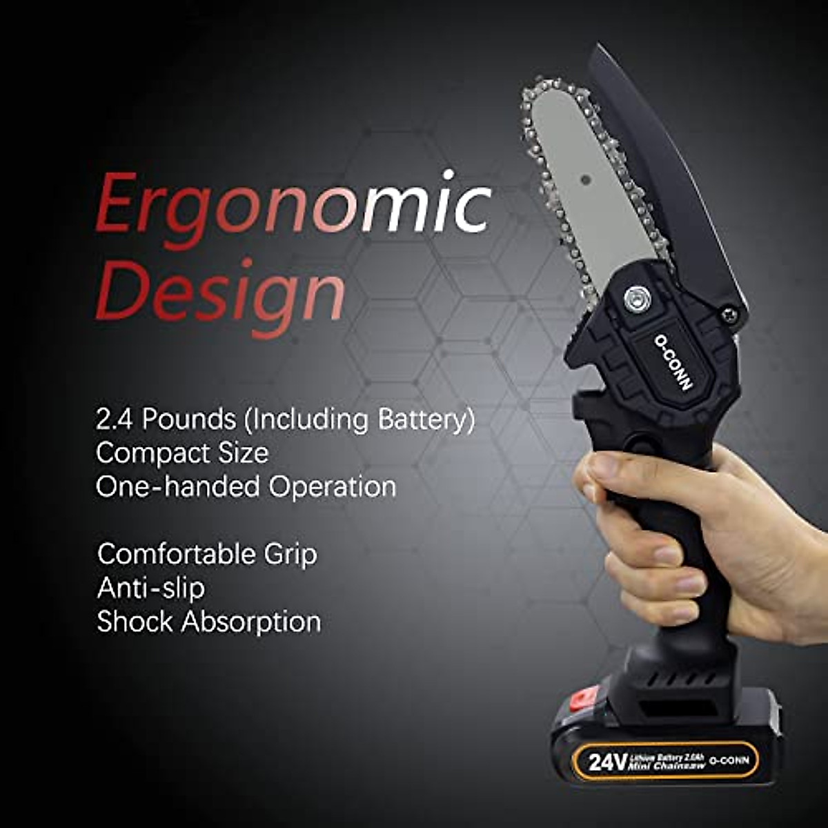 Mini Chainsaw, O-CONN 4 Inch 24V Battery Powered Cordless Chainsaw w/ 2.0Ah Battery and Charger, Handheld Portable Electric Small Chain Saw, for Tree Trimming Branch Wood Cutting (1 Battery 1 Chain)