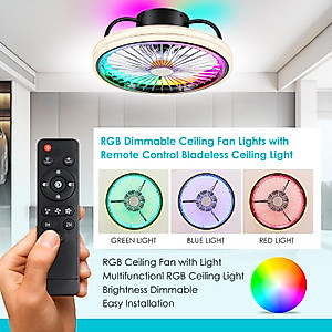 Low Profile Ceiling Fan with Light - Modern Flush Mount Ceiling Fan,15" RGB Dimmable LED Enclosed Ceiling Fans,Modern Bladeless LED-RGB Ambient Light for Bedroom Kids Room Party（Black）
