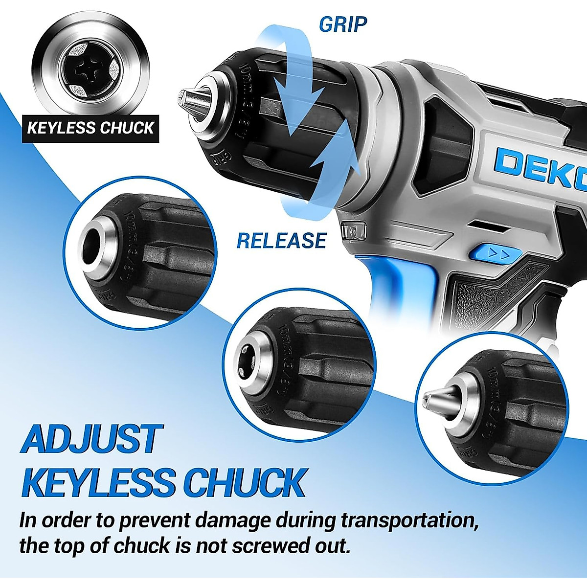 DEKO 8V Cordless Drill, Drill Set with 3/8"Keyless Chuck, Built-in LED, Type-C Charge Cable, 42pcs Acessories, Power Drill for Drilling and Tightening/Loosening Screws