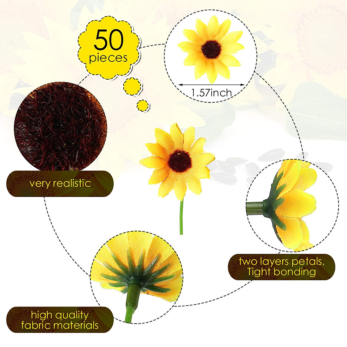 Luinabio 50 Pieces Mini Artificial Sunflower Heads with Iron Wire for Home Party Decoration Wedding Decor, Bride Holding Flowers Centerpieces Wreath Garden Craft DIY Art Decor Crafts (1.77 Inch)