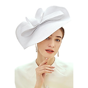 BABEYOND Tea Party Fascinator Kentucky Hat Women’s Fascinator Straw Derby Pillbox Hat for Cocktail Wedding (White)