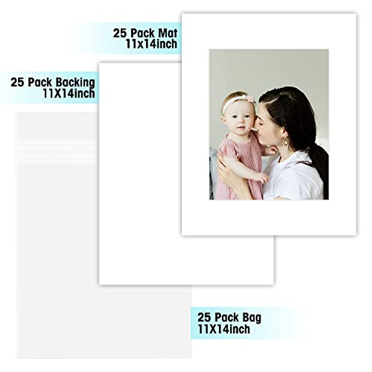 Golden State Art, Pack of 25, 11x14 White Picture Mat Set - Fit 8x10 Photos/Prints - Acid Free Bevel Pre-Cut White Core Mattes - with 25 Backing Board & Clear Bags