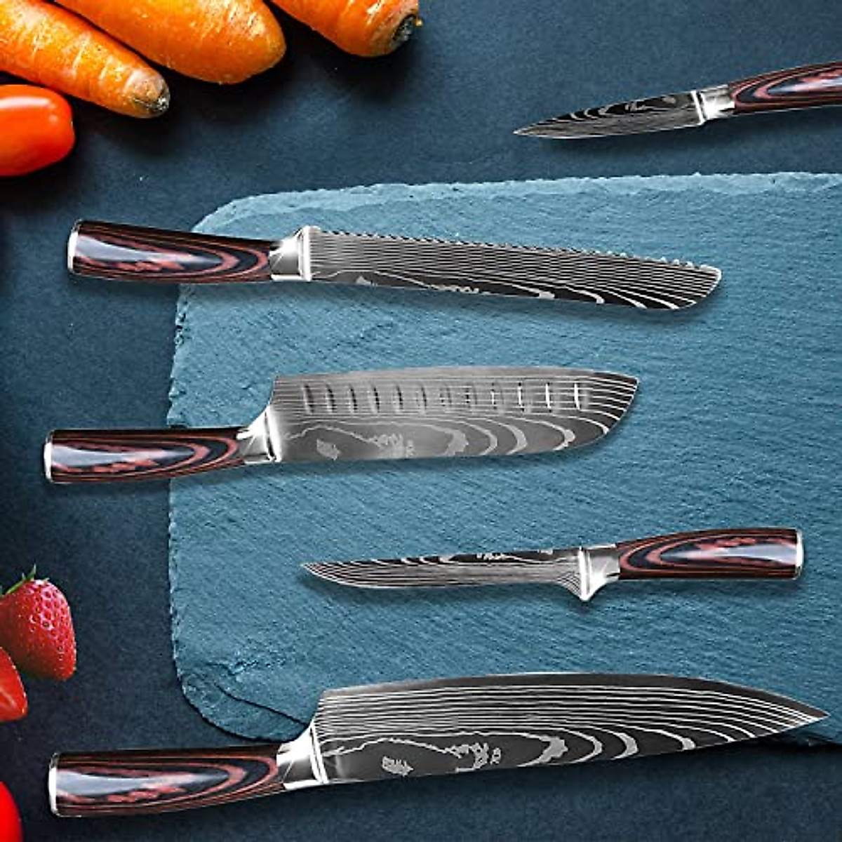 Knives Set for Kitchen, Gustrug 5PCS High Carbon Stainless Steel Kitchen Knife Set with Ergonomic Wooden Handle for Professional Multipurpose Cooking
