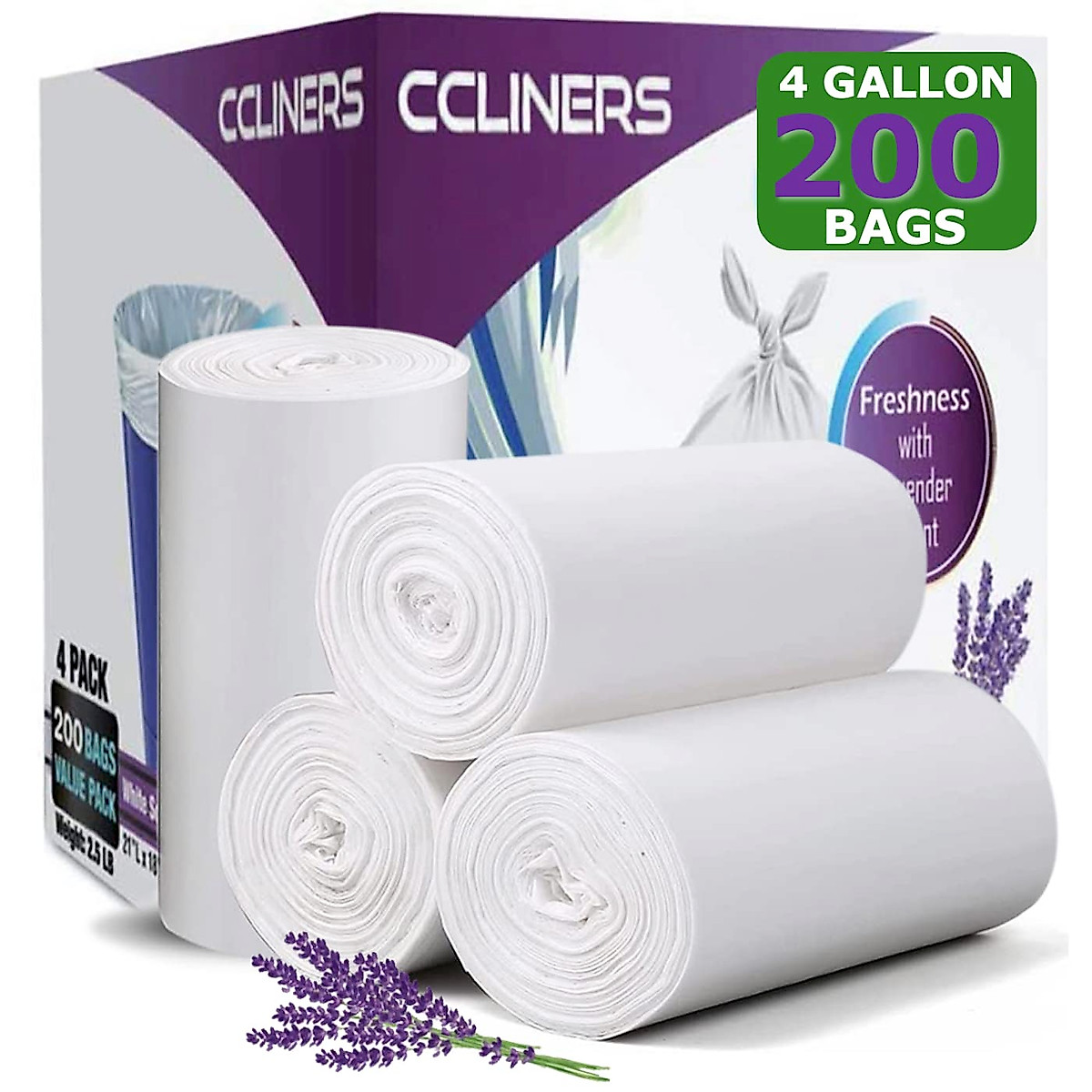 4 gallon Trash Bags Lavender Scented (200 Count) Small Trash Bags CCLINERS White Bathroom Garbage Bags 15 Liter Trash Bags Diaper Bags Mini Wastebasket Can Liners for Home Office Bins (200 Bags)