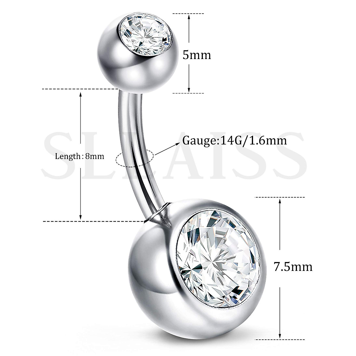 Sllaiss Belly Button Rings For Women 925 Sterling Silver 14G Bar 8mm CZ Round Ball Navel Barbell Stud Body Piercing Jewelry