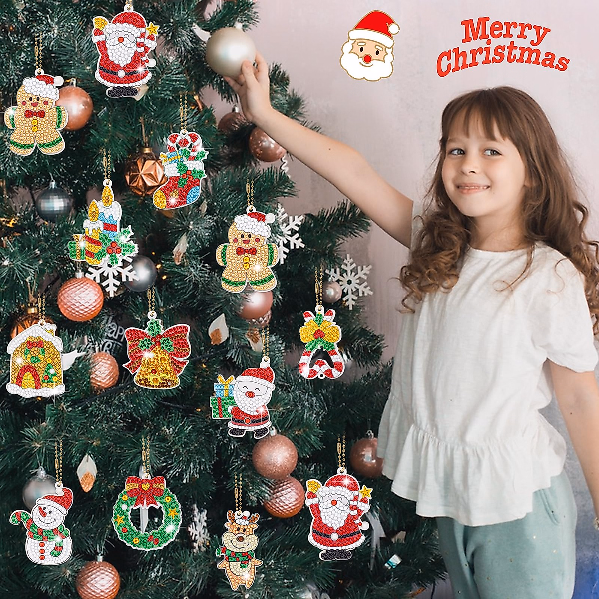 Nardoll Christmas Crafts for Kids - 12 Pieces Christmas Diamond Art Keychains - Make Your Own Diamond Art Christmas Ornaments Decor - 5D DIY Xmas Diamond GEM Arts and Crafts for Girls Ages 4-8 8-12