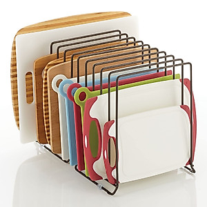 mDesign Metal Wire Organizer Rack for Kitchen Cabinet, Pantry, Shelves - Holder with 11 Slots for Skillets, Frying Pans, Lids, Cutting Boards, Vertical or Horizontal Placement - Extra Large - Bronze